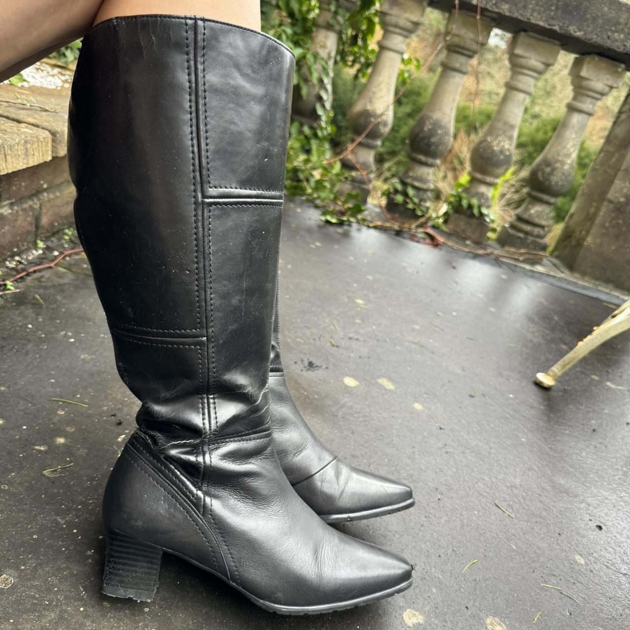 Vintage Y2K black real leather kitten heel knee high... - Depop