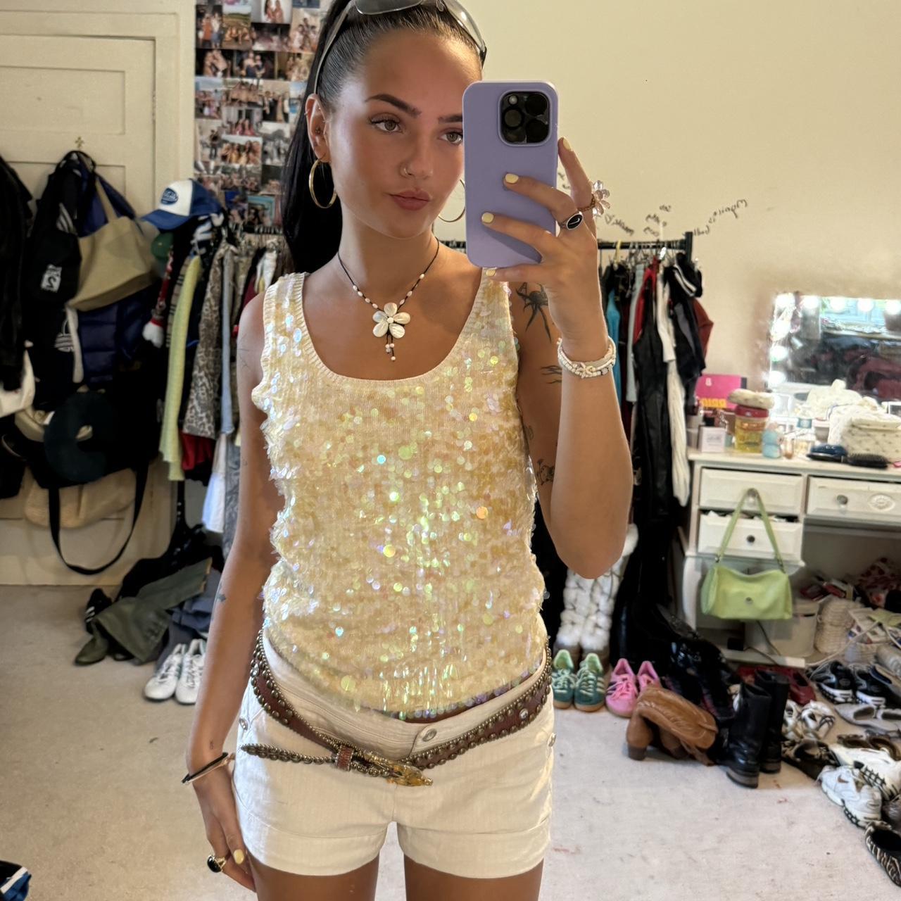 Absolutely insane Y2K cream sequin cami vest top M - Depop