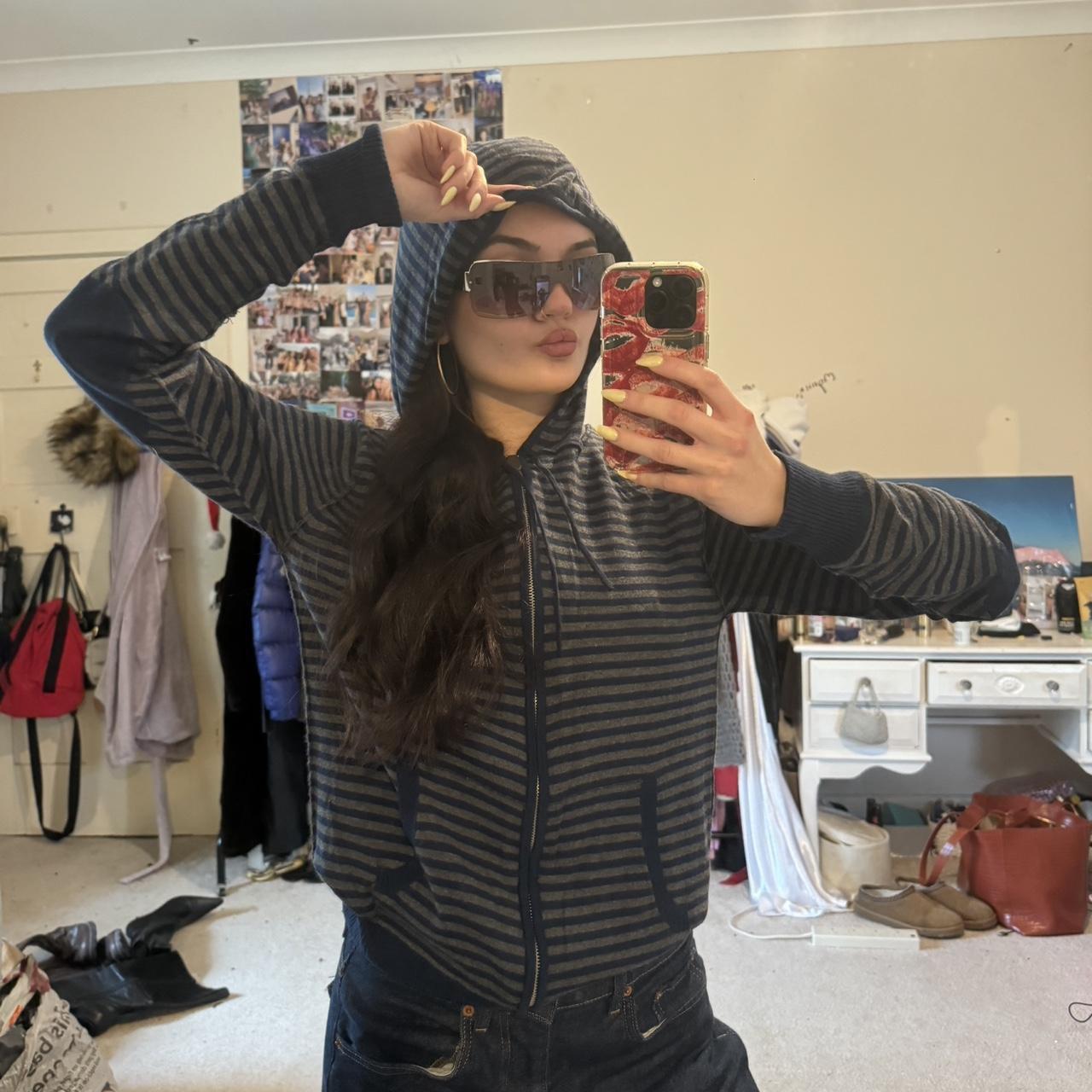 Navy blue and grey striped stripey zip up hoodie... | Depop