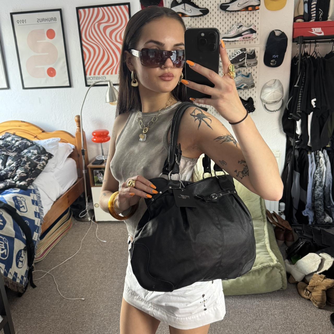 Old new look label black faux leather silver studded... | Depop