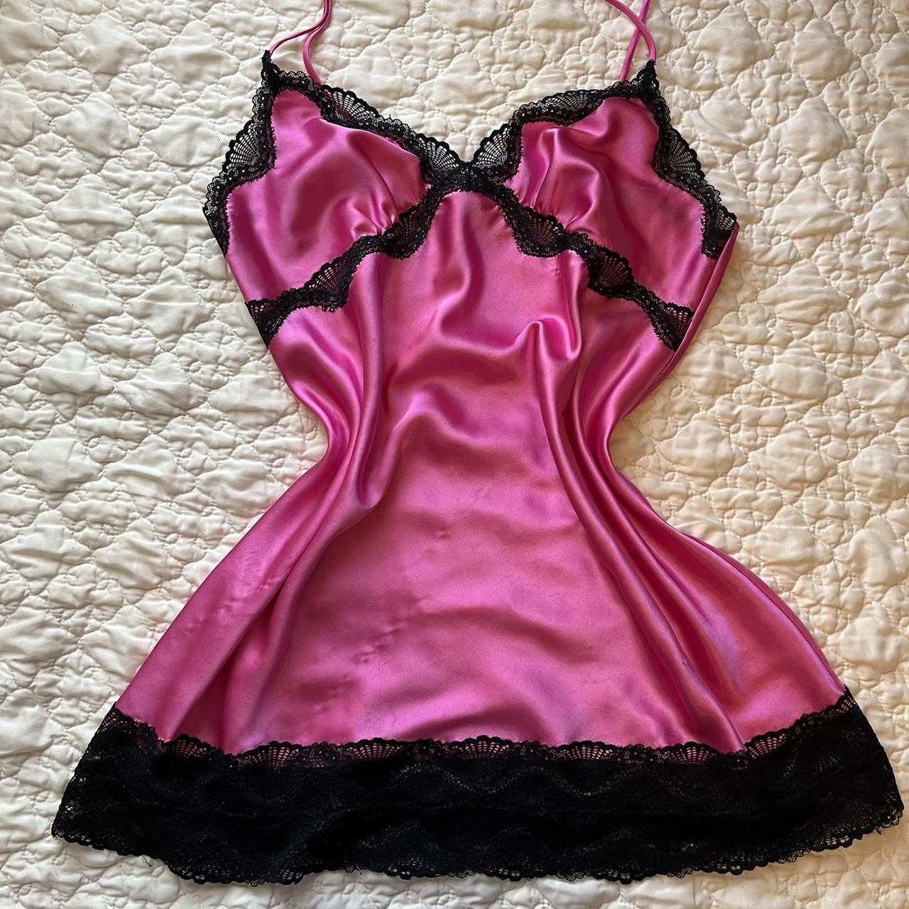 Pink and Black Lingerie Slip Dress size L branded... - Depop