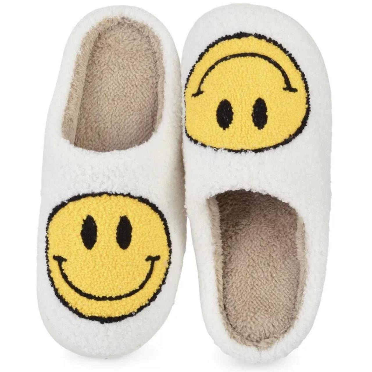 White smiley face fuzzy slippers Super cosy and... - Depop