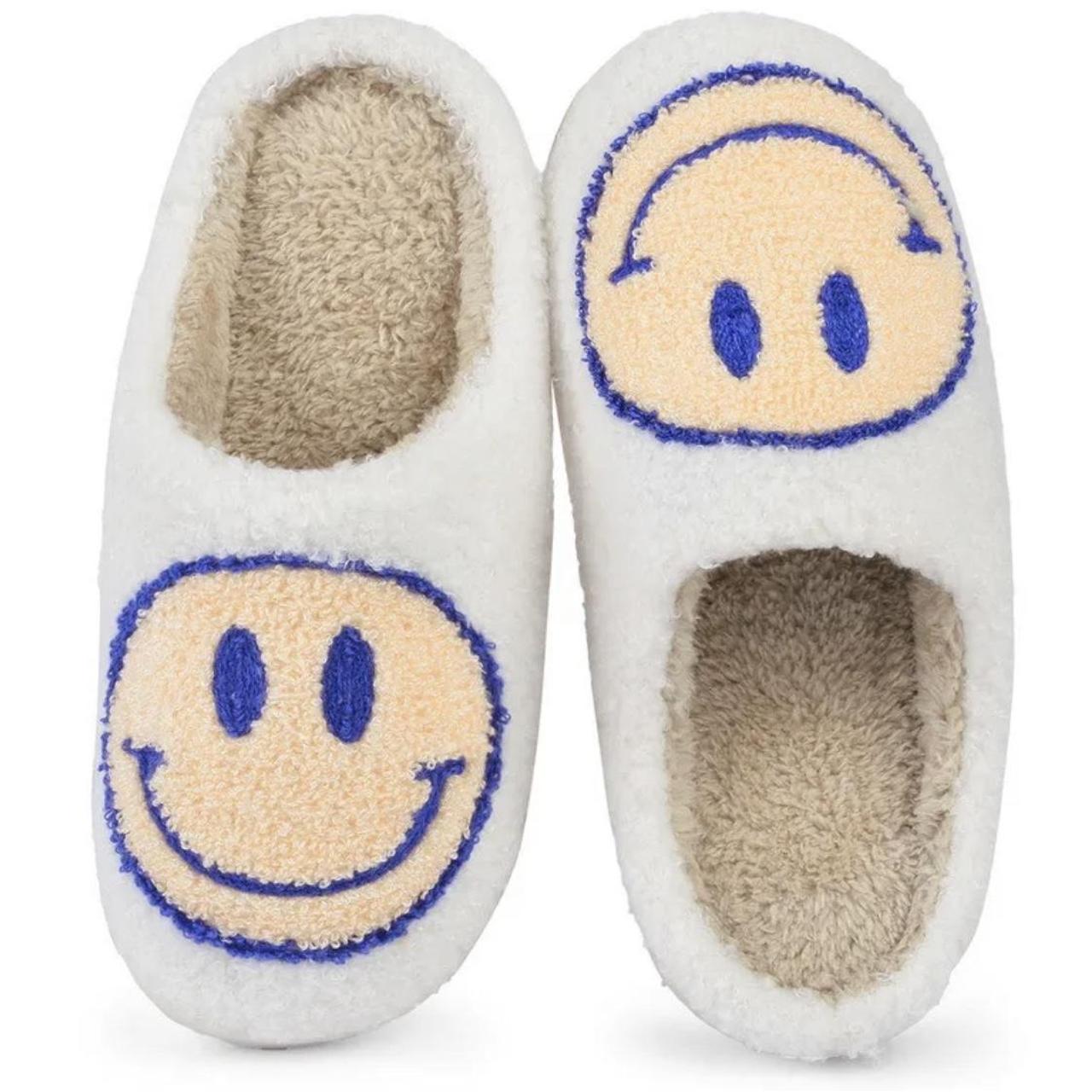 White smiley face fuzzy slippers Super cosy and... - Depop