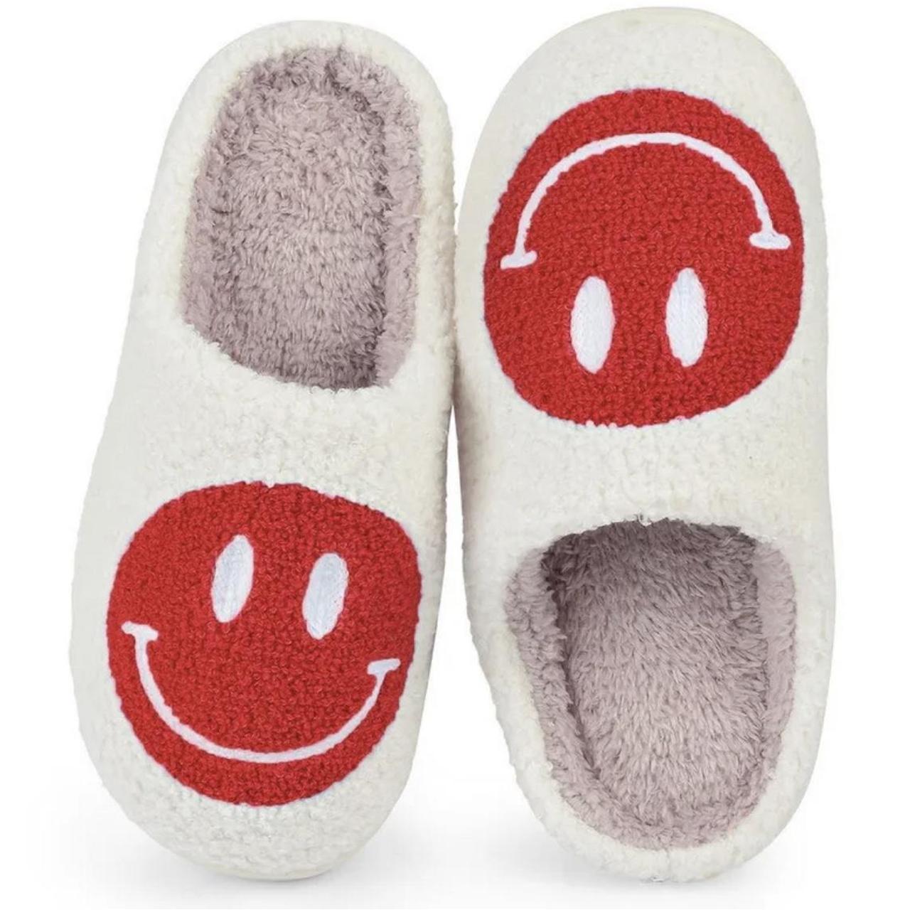 White smiley face fuzzy slippers Super cosy and... - Depop