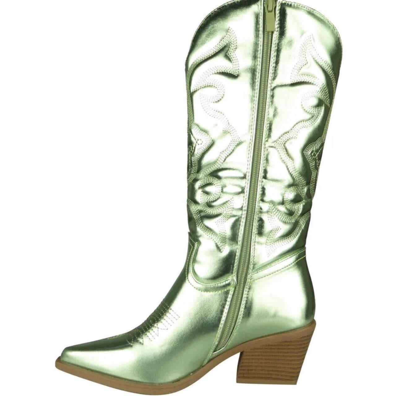 Metallic green faux leather cowboy boots Mid calf... - Depop