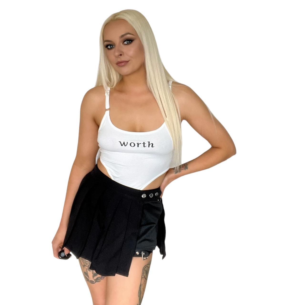 White high leg Alt bodysuit Features ‘worth’ slogan... | Depop