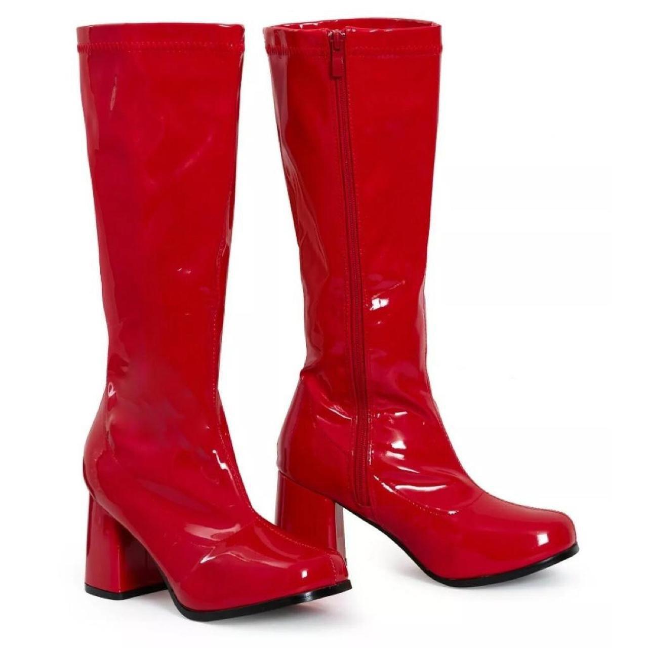Red knee high platform boots patent faux leather... - Depop