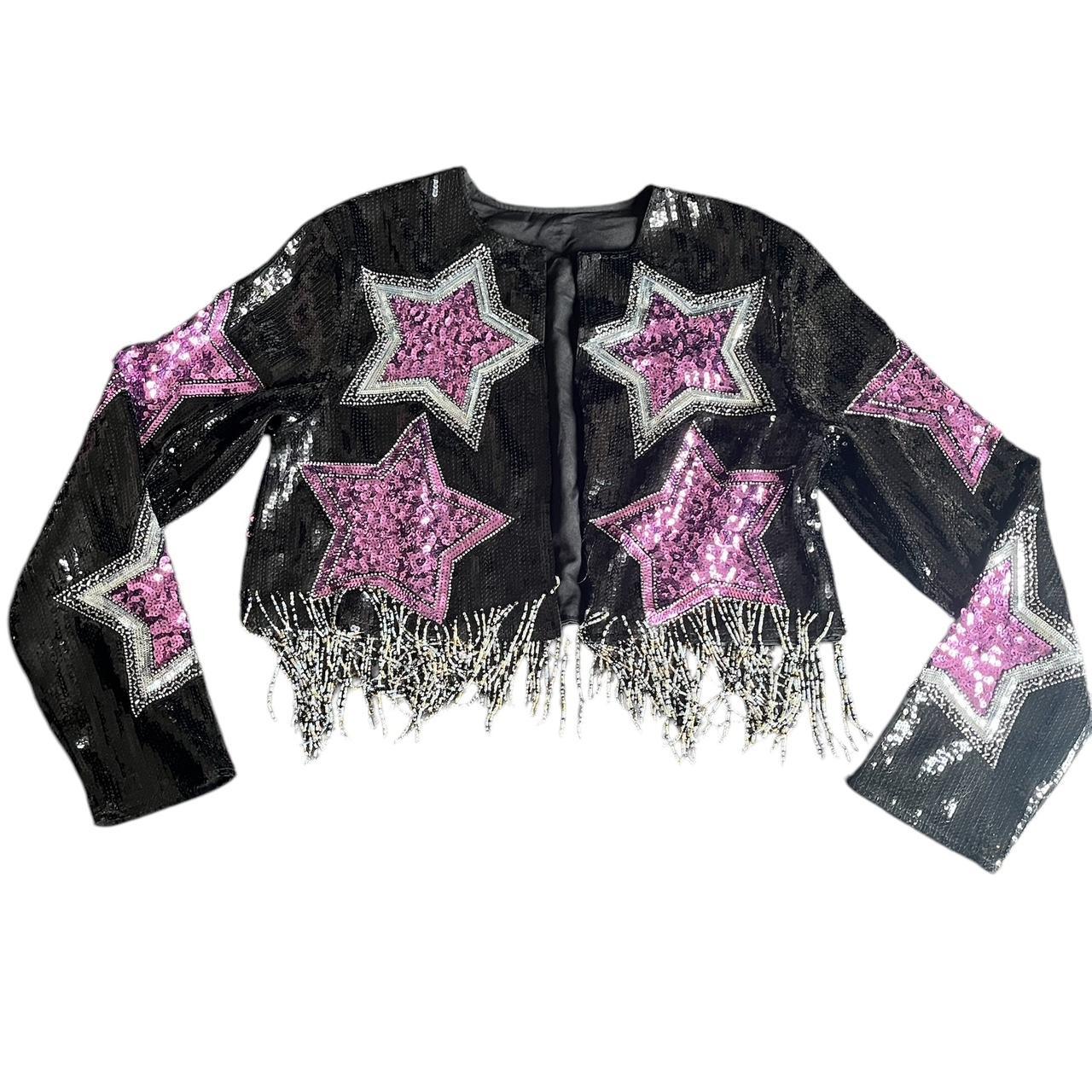 Black sequin star fringe jacket Features pink... | Depop