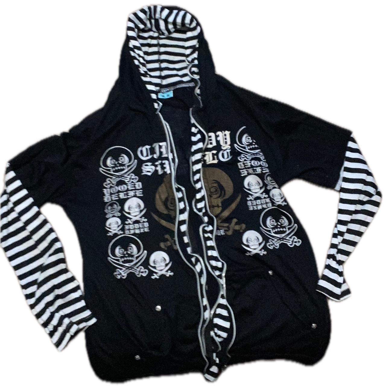Black striped emo jacket. Skeleton print on the... | Depop