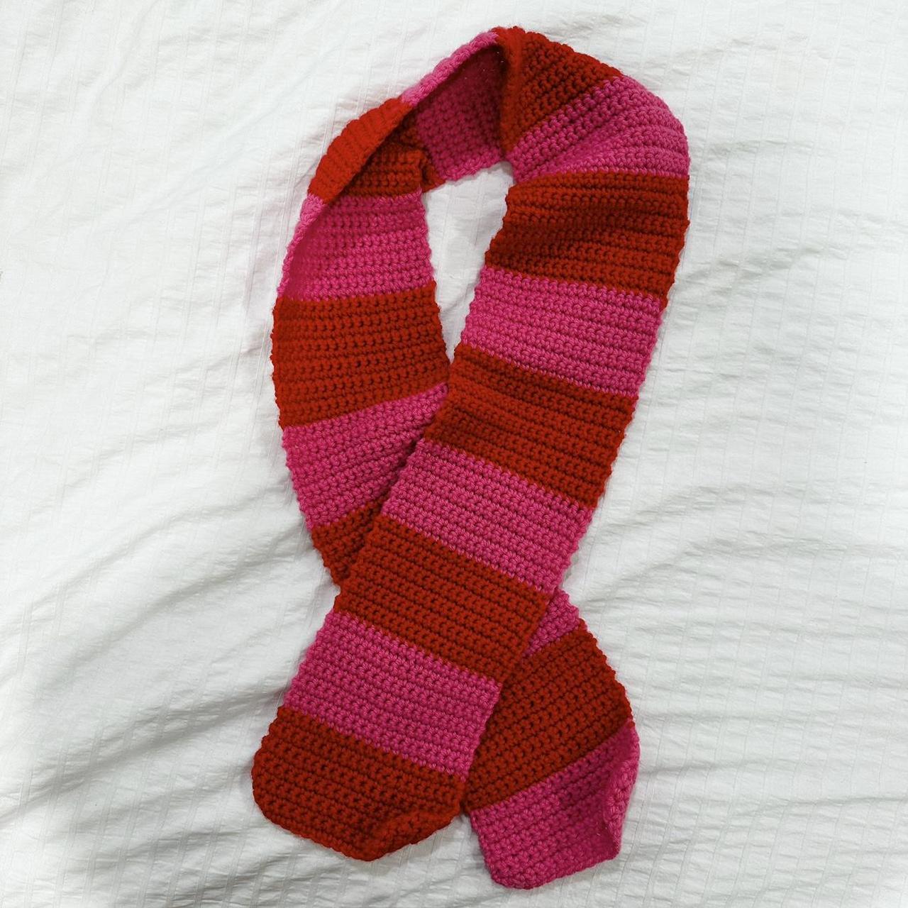 pink and red striped hand knit scarf, bought from a... - Depop