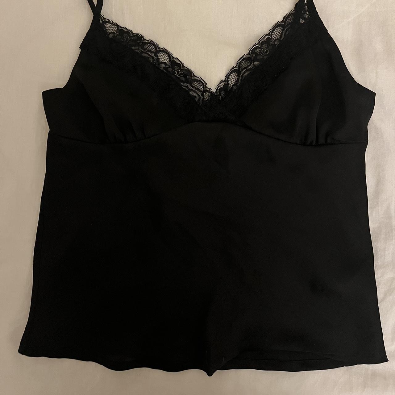 Lace trim satin cami glassons black Adjustable... - Depop