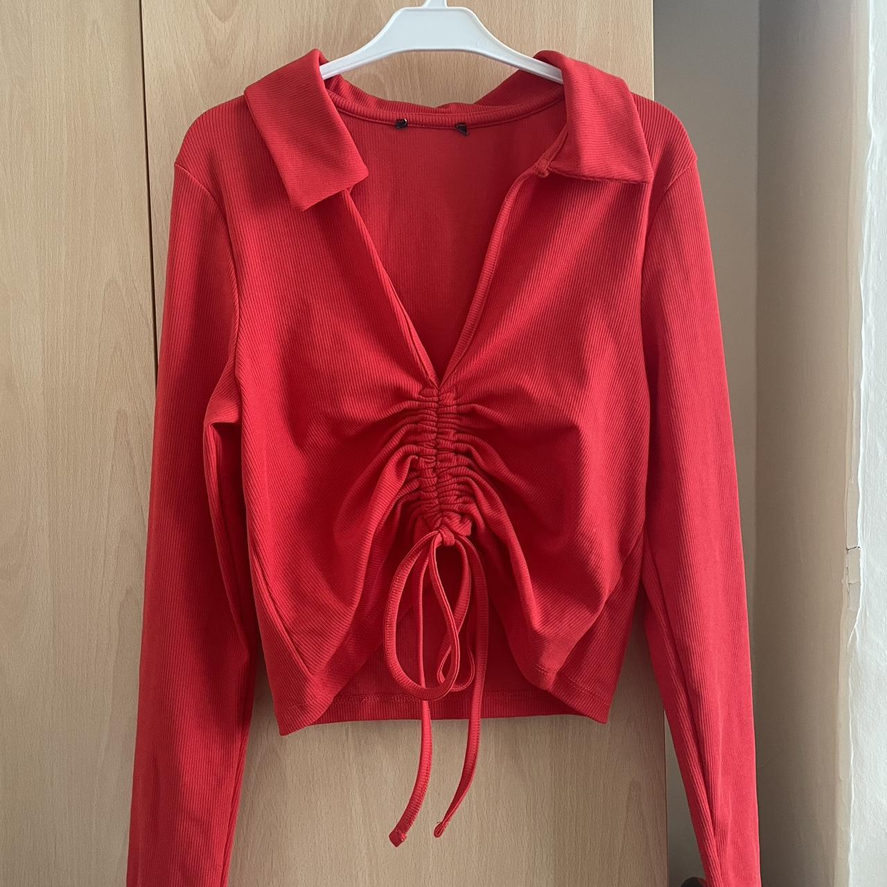 Red draw string top with sleeves and collar Never worn - Depop