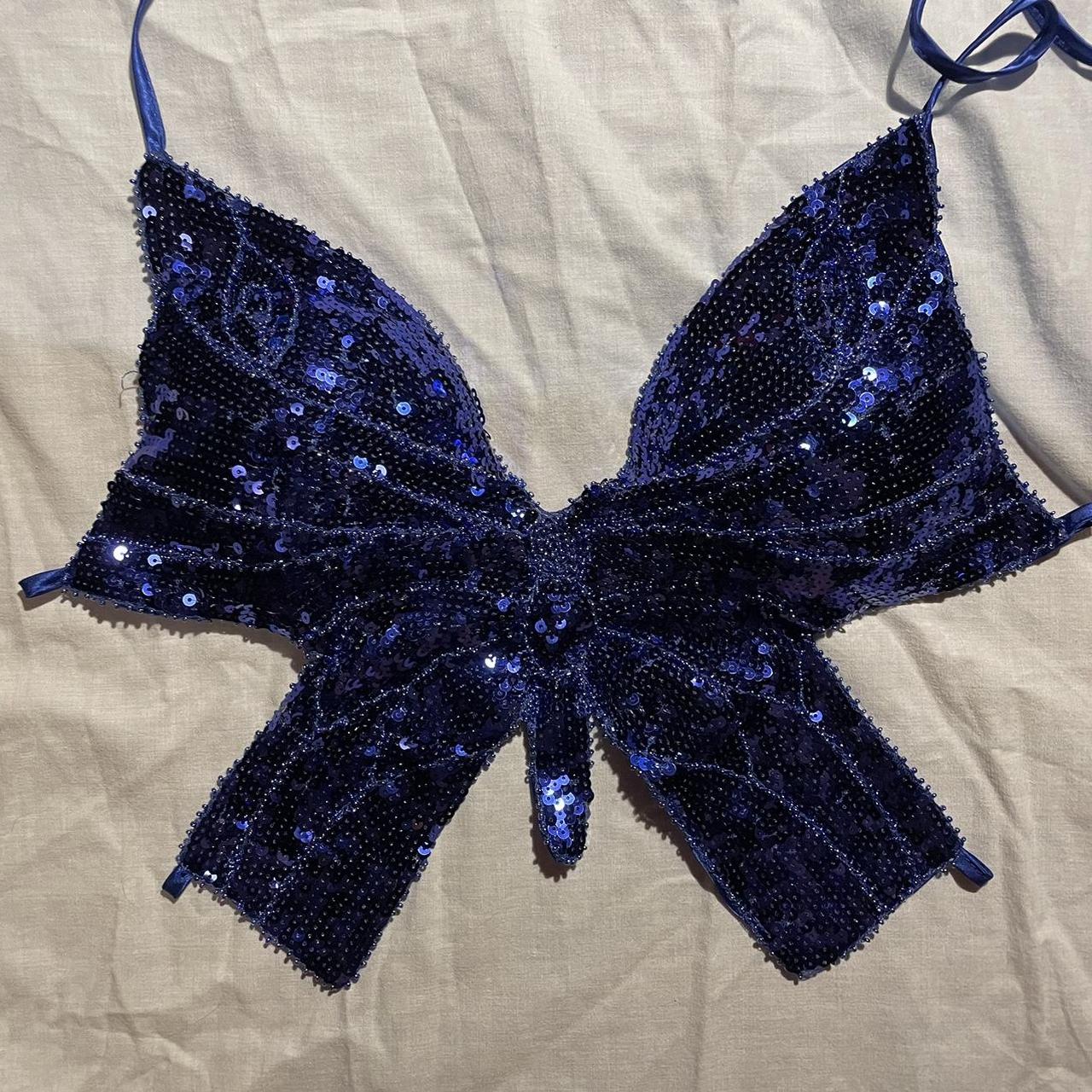 Cute royal blue sequin butterfly top with tie up... - Depop