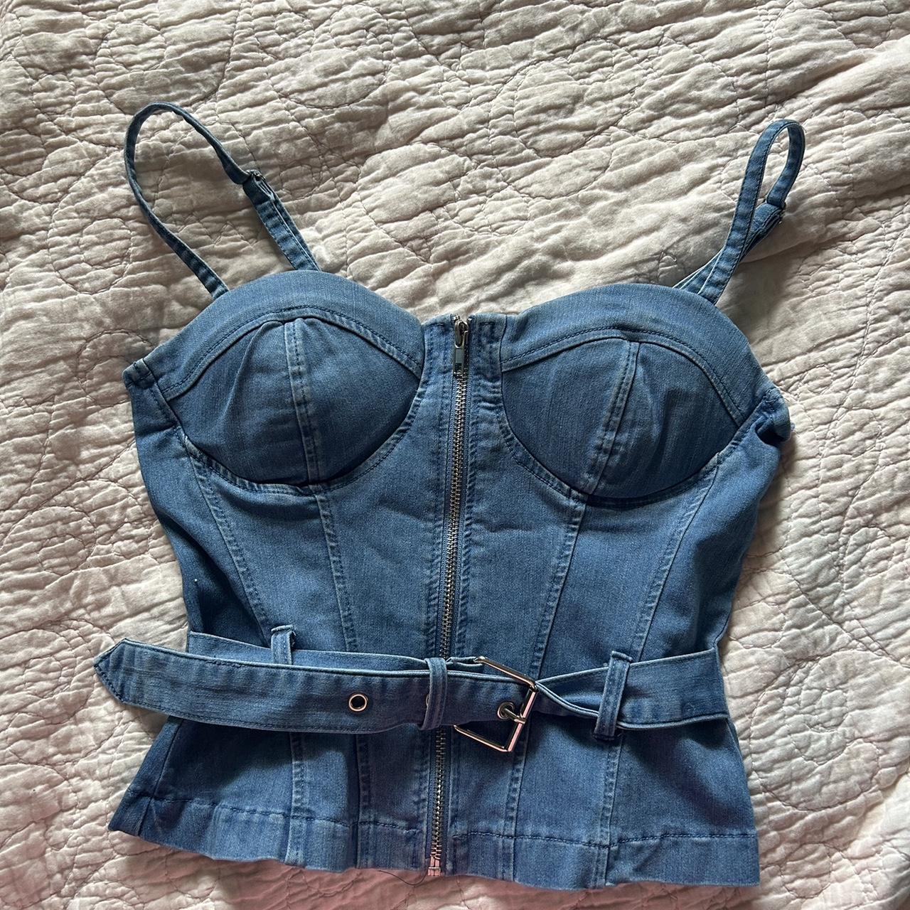 Blue denim corset top with adjustable straps #corset... - Depop