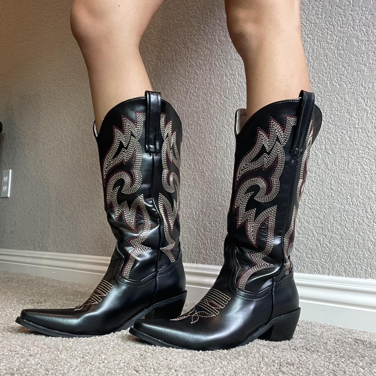 black cowboy boots with red and gold lacing, brand... - Depop