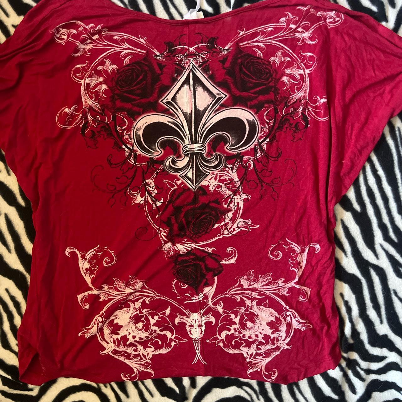 Iconic y2k red tee with bedazzled/rhinestone fleur... - Depop