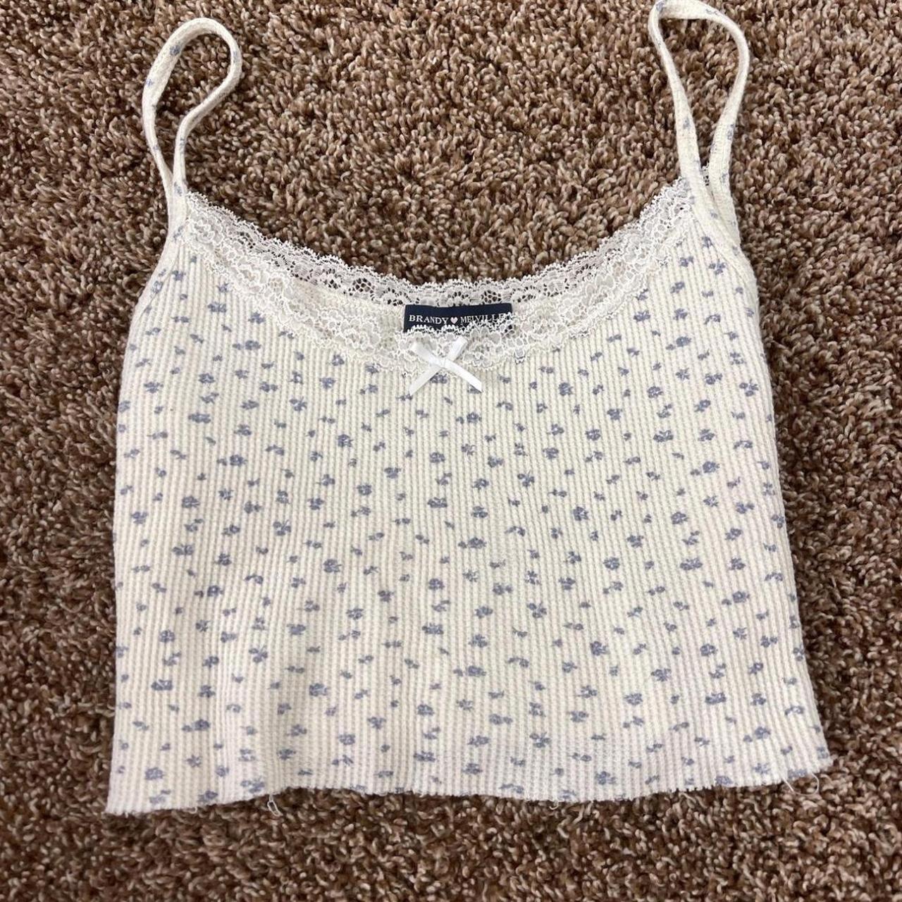 Brandy Melville white with blue floral flowers tank - Depop