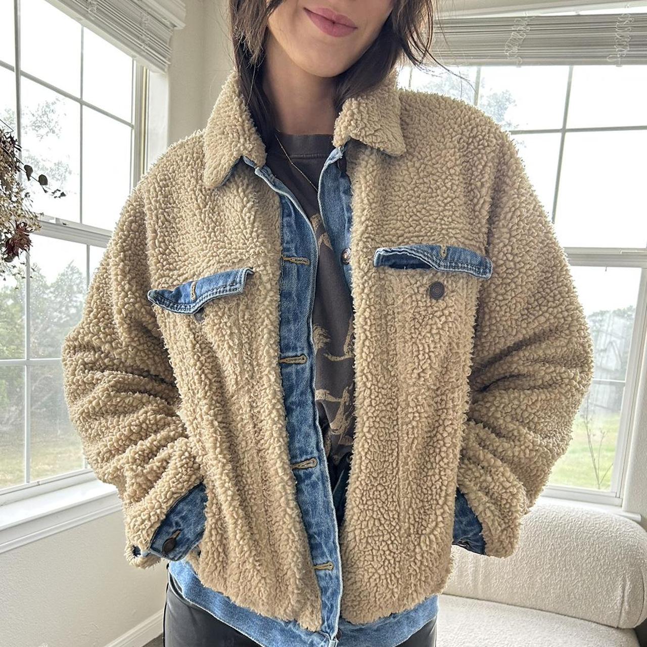 Vintage Reversible Teddy / Jean jacket Size medium... - Depop