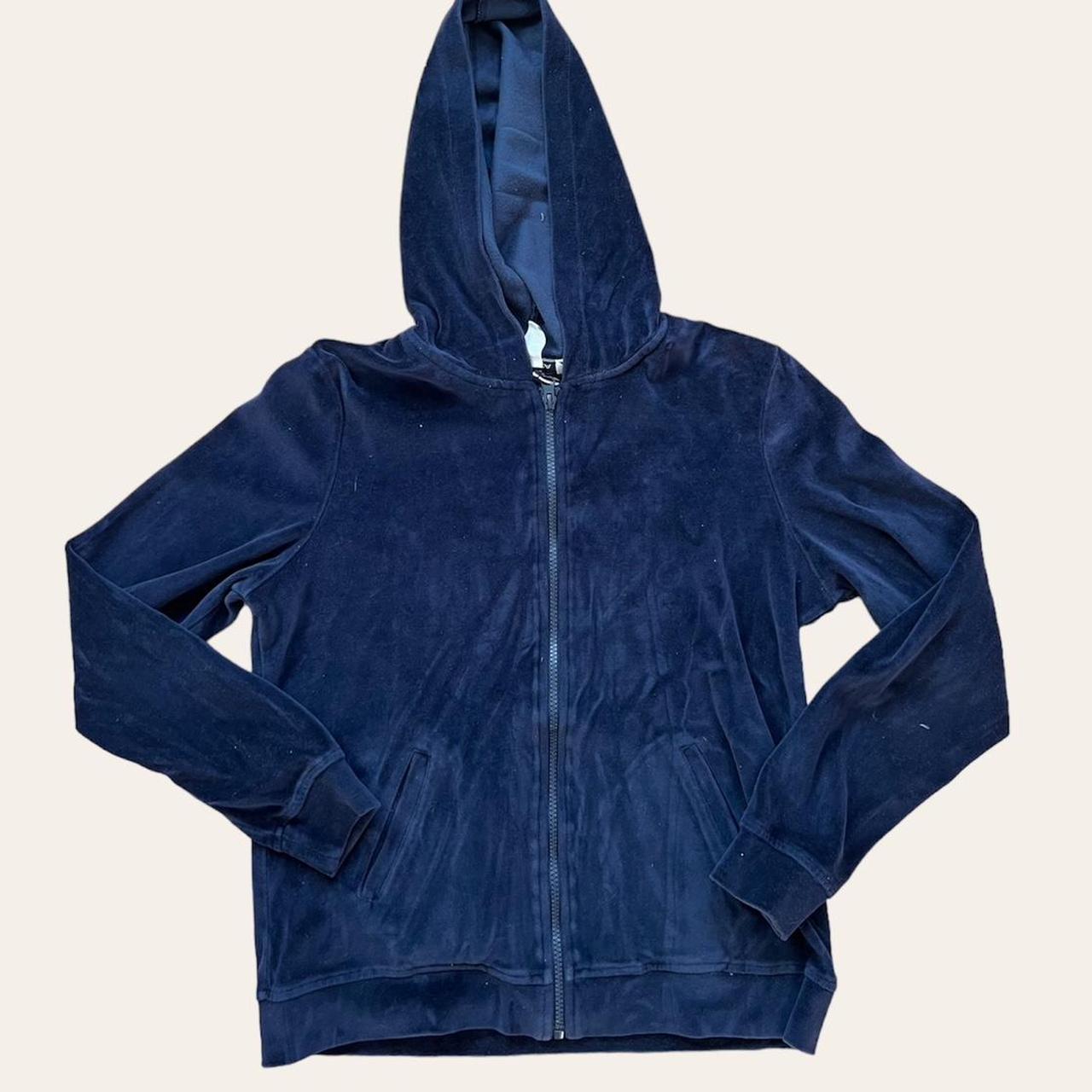 navy blue velour zip up hoodie size medium great... - Depop