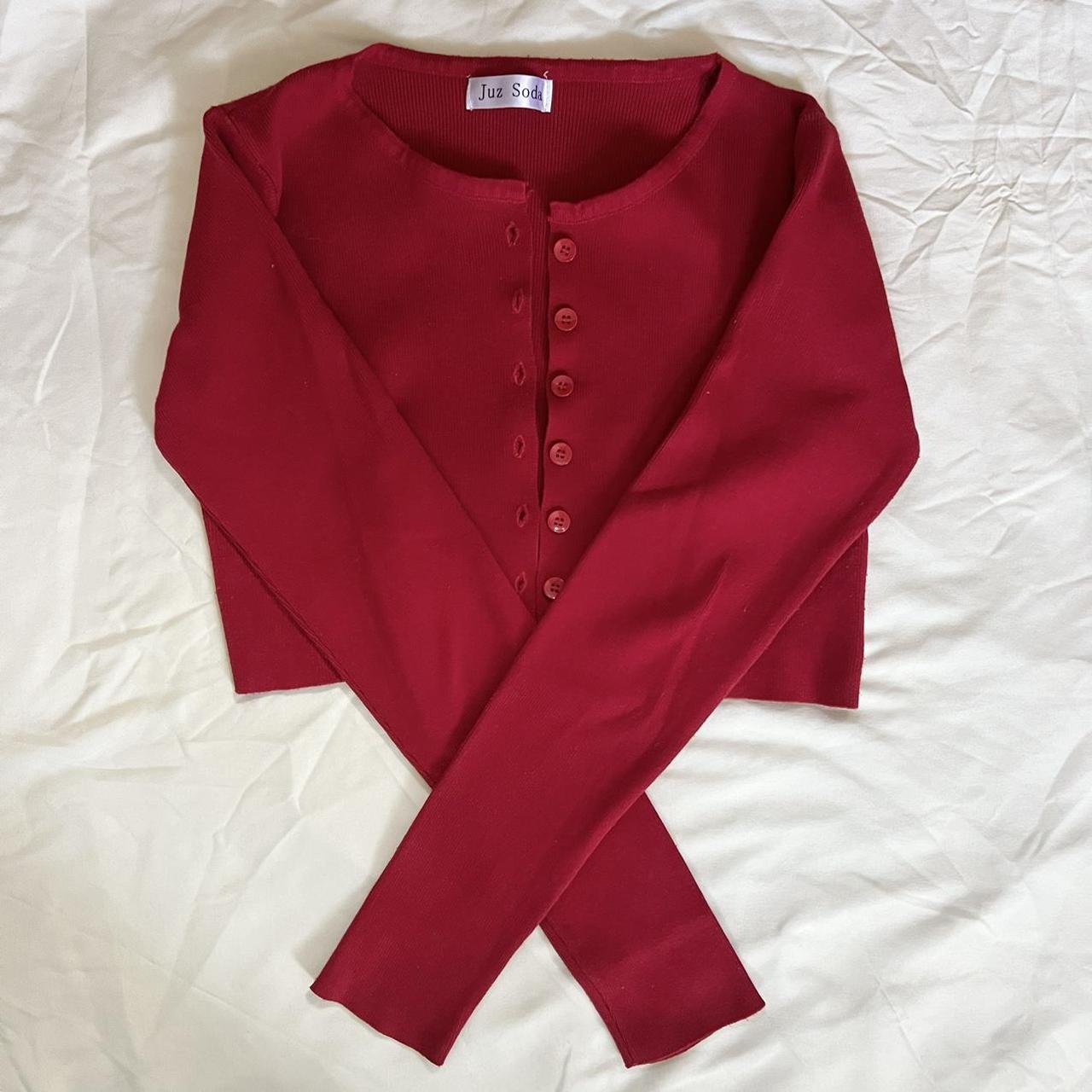 cropped red knit cardigan size small no flaws... - Depop