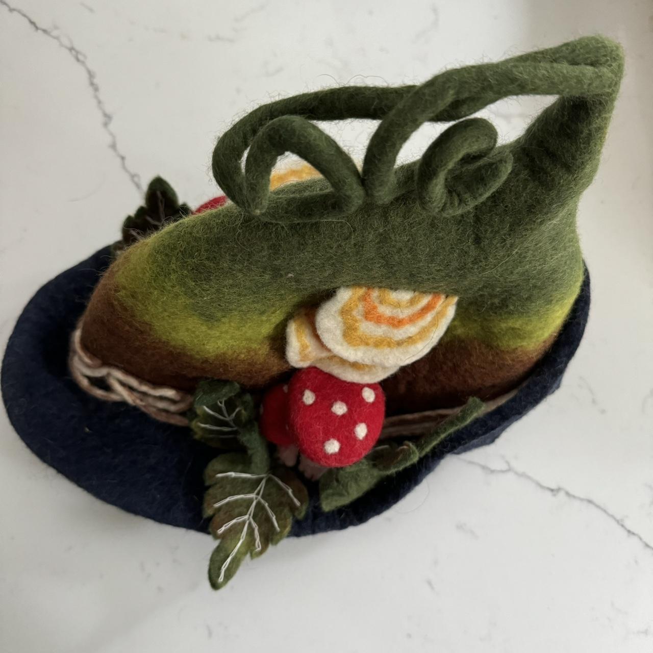 Green felt mushroom hat with leaf and mushroom... - Depop
