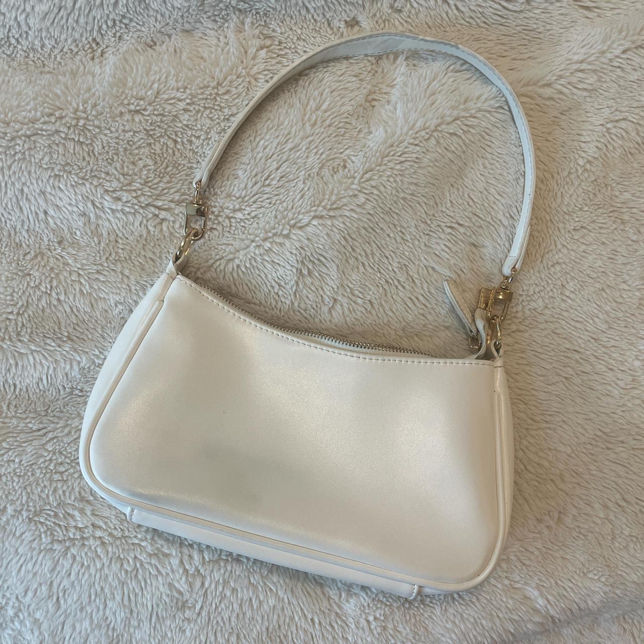 White faux leather shoulder bag with gold... | Depop