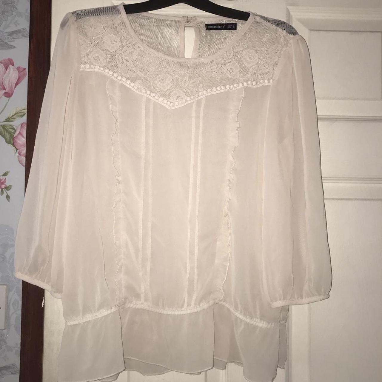 Size 12 sheer white vintage style blouse with lace... - Depop