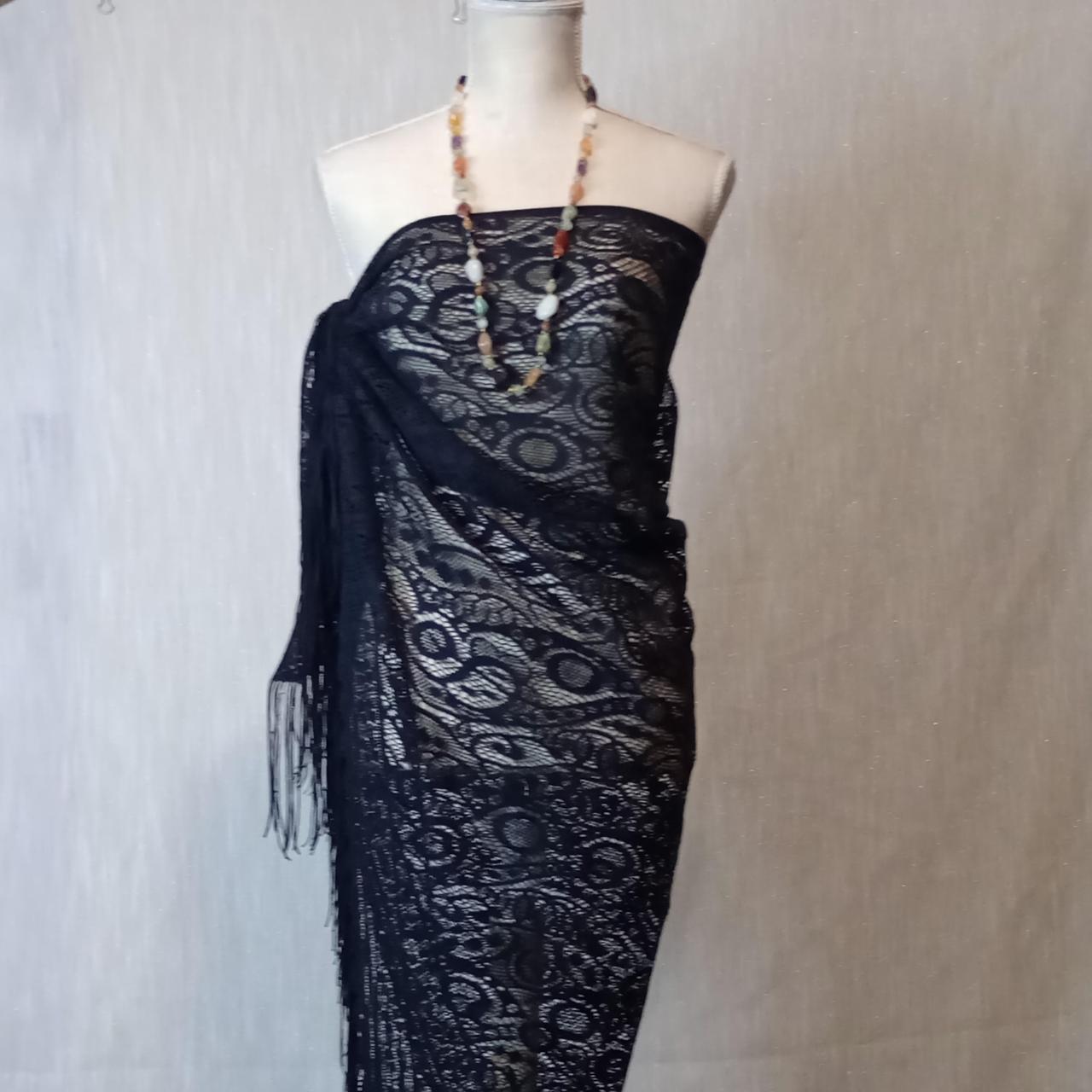 Vtg 70s fringe🖤 Black lace shaw wrap.very Emo goth.🦋... | Depop