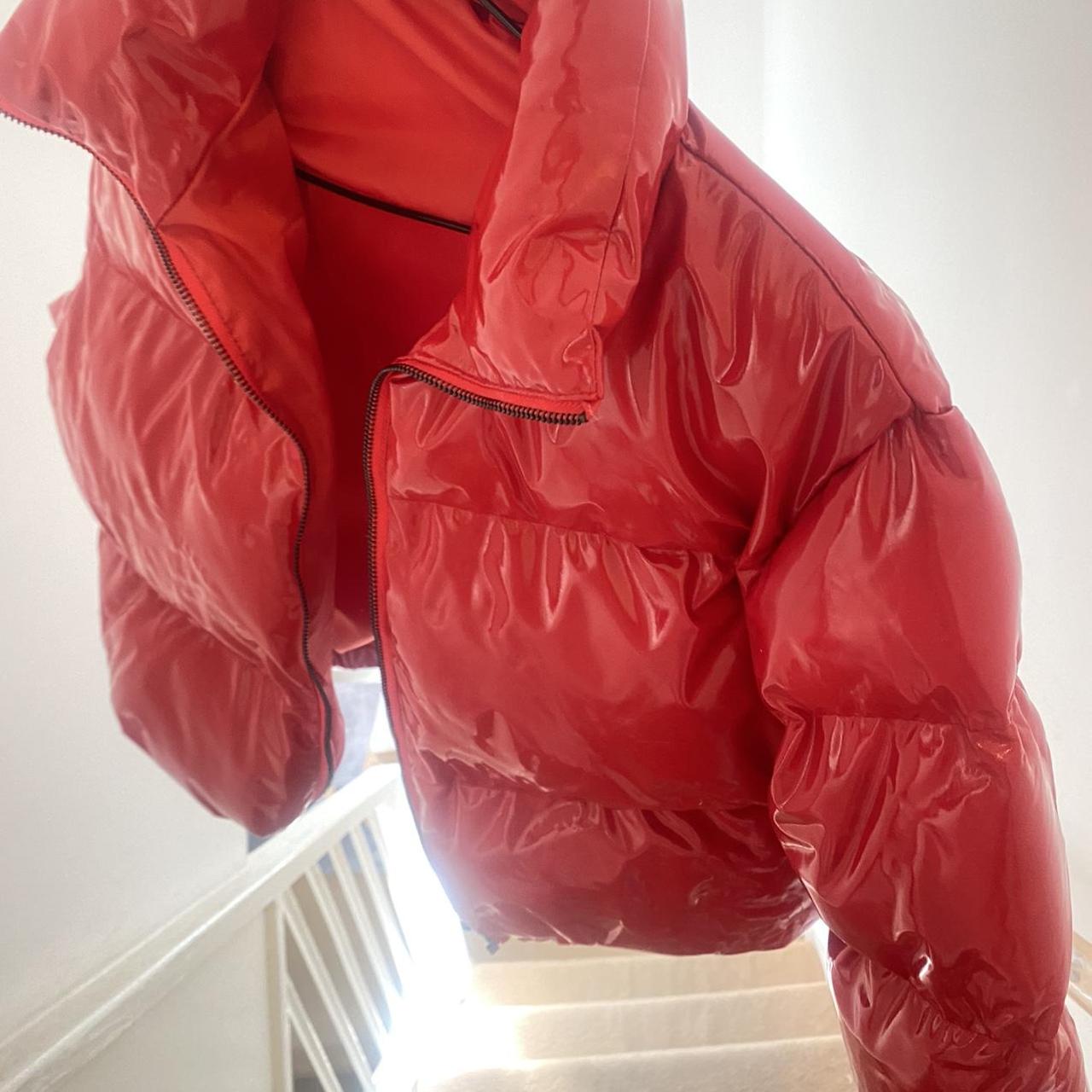 shiny red puffer jacket - Depop