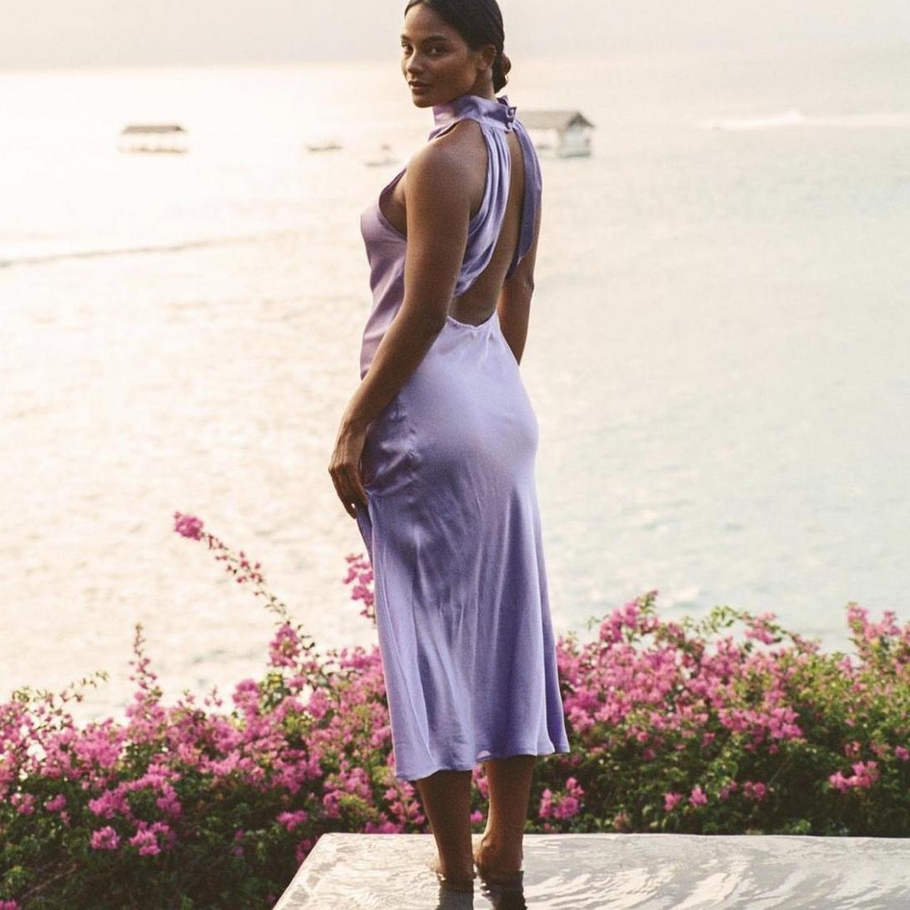 Turquoise lane purple high neck slinky back dress... - Depop