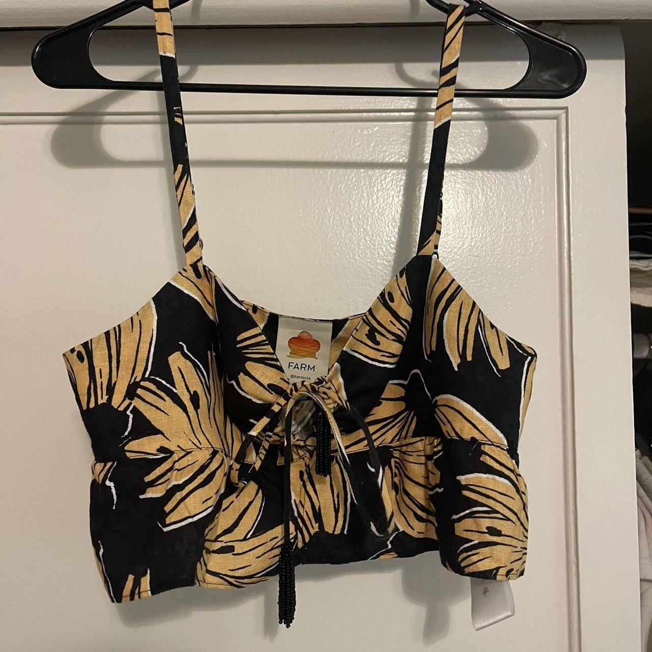 Farm Rio Women's Yellow and Black Crop-top | Depop