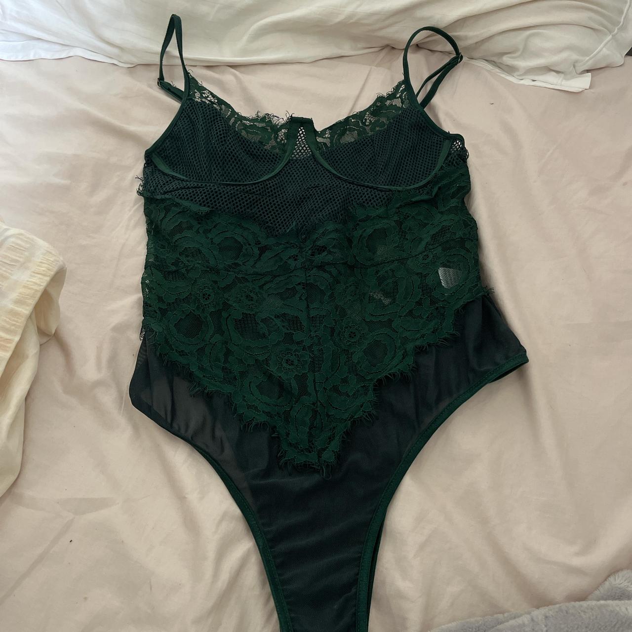 Green lace bodysuit with mesh and lace details The... - Depop