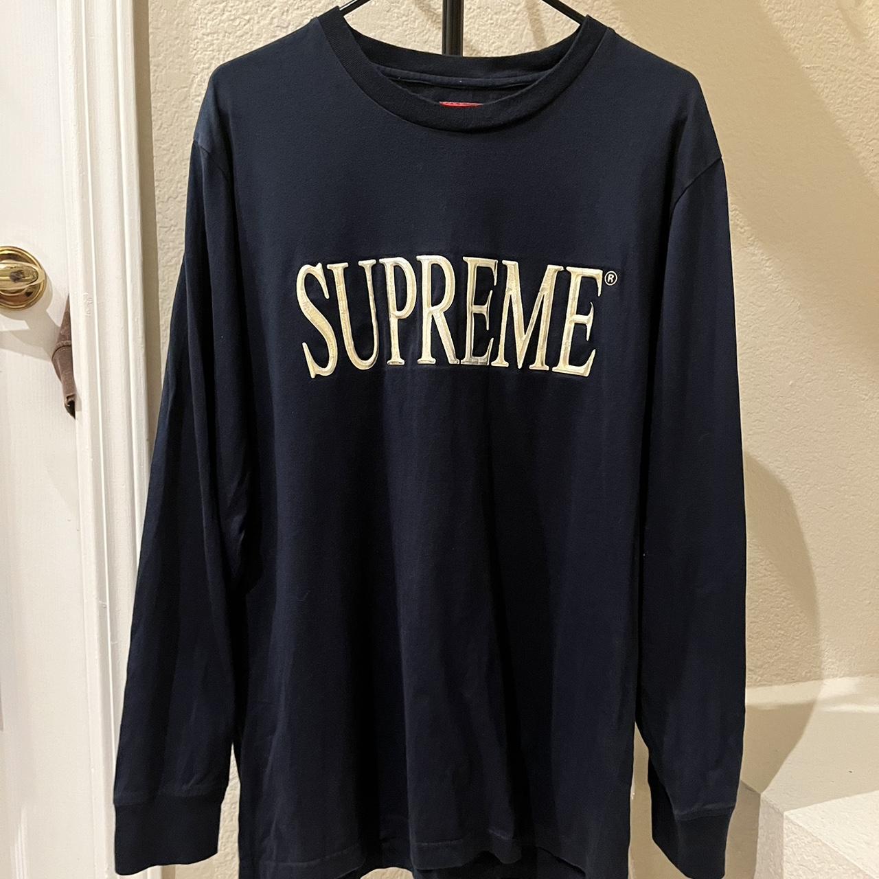 XL Supreme Long Sleeve navy and gold - Depop
