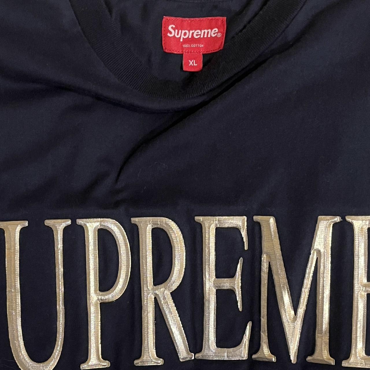 XL Supreme Long Sleeve navy and gold - Depop