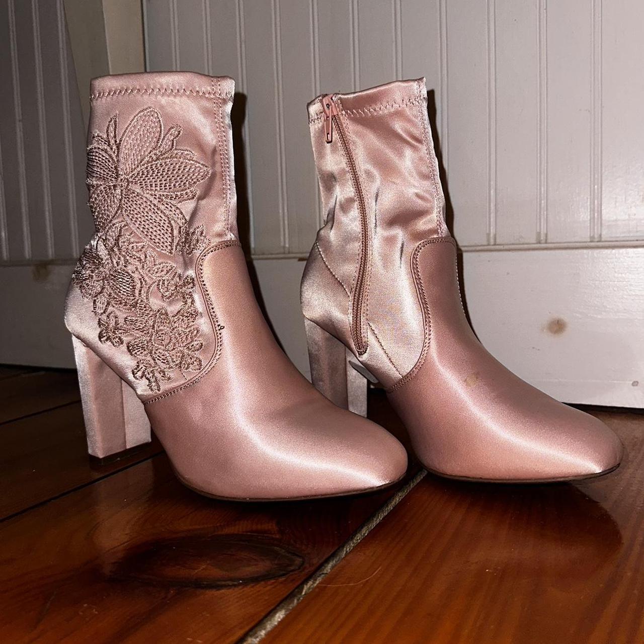 Pink satin heeled boots with floral embroidery 🌸... - Depop