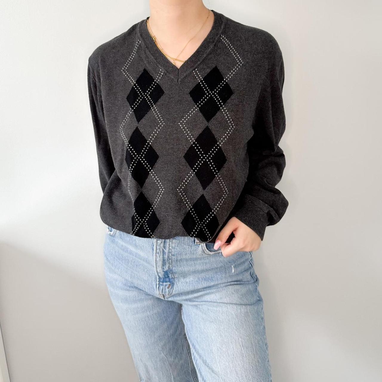 Grey and black argyle sweater! Lightweight V-neck... - Depop