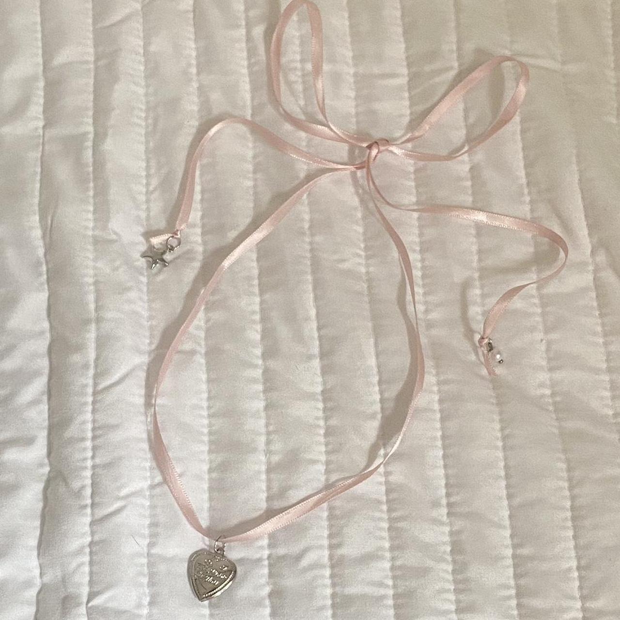 ribbon heart necklace ౨ৎ ⋆｡˚ silver heart locket... - Depop