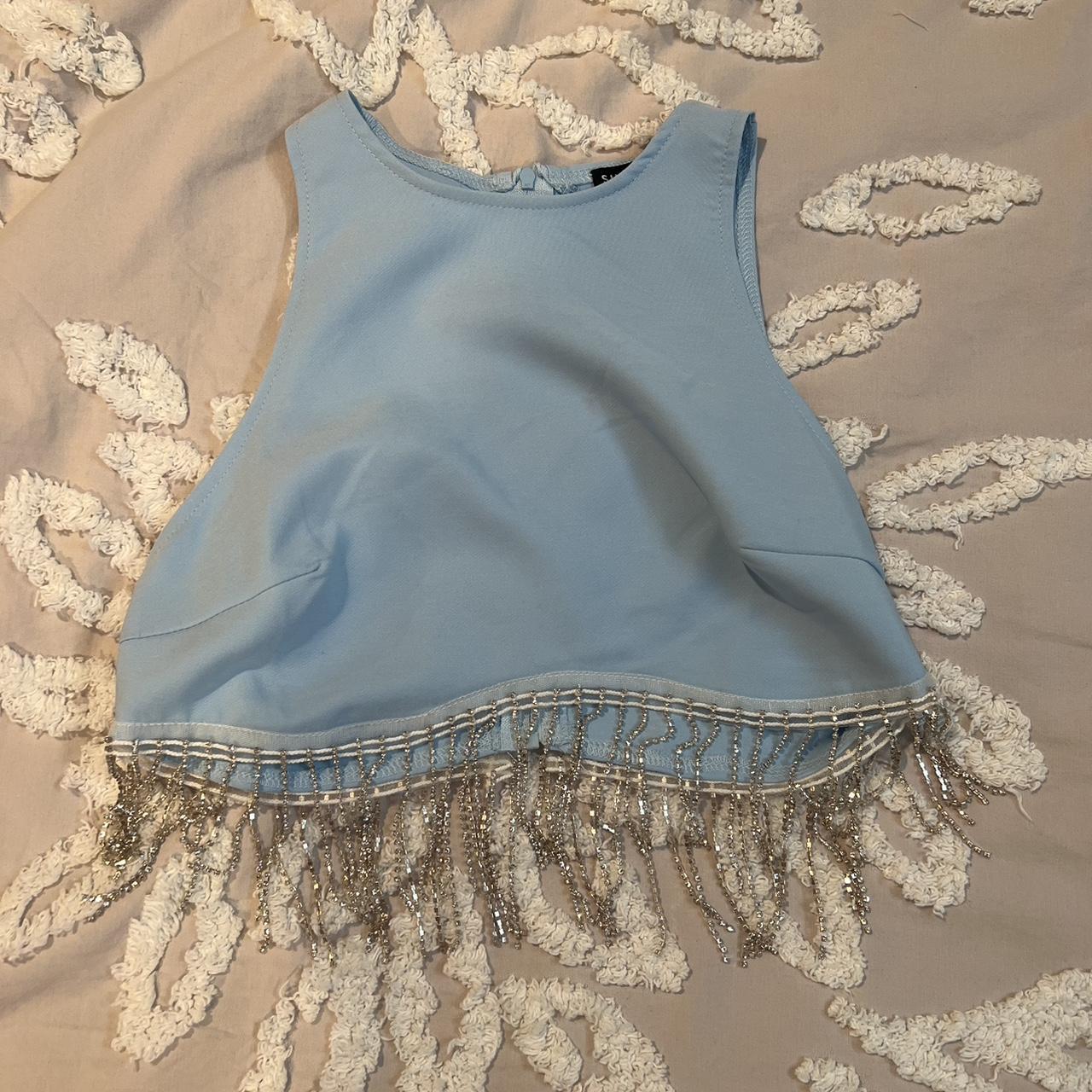Shein cropped rhinestone baby blue top Size... - Depop