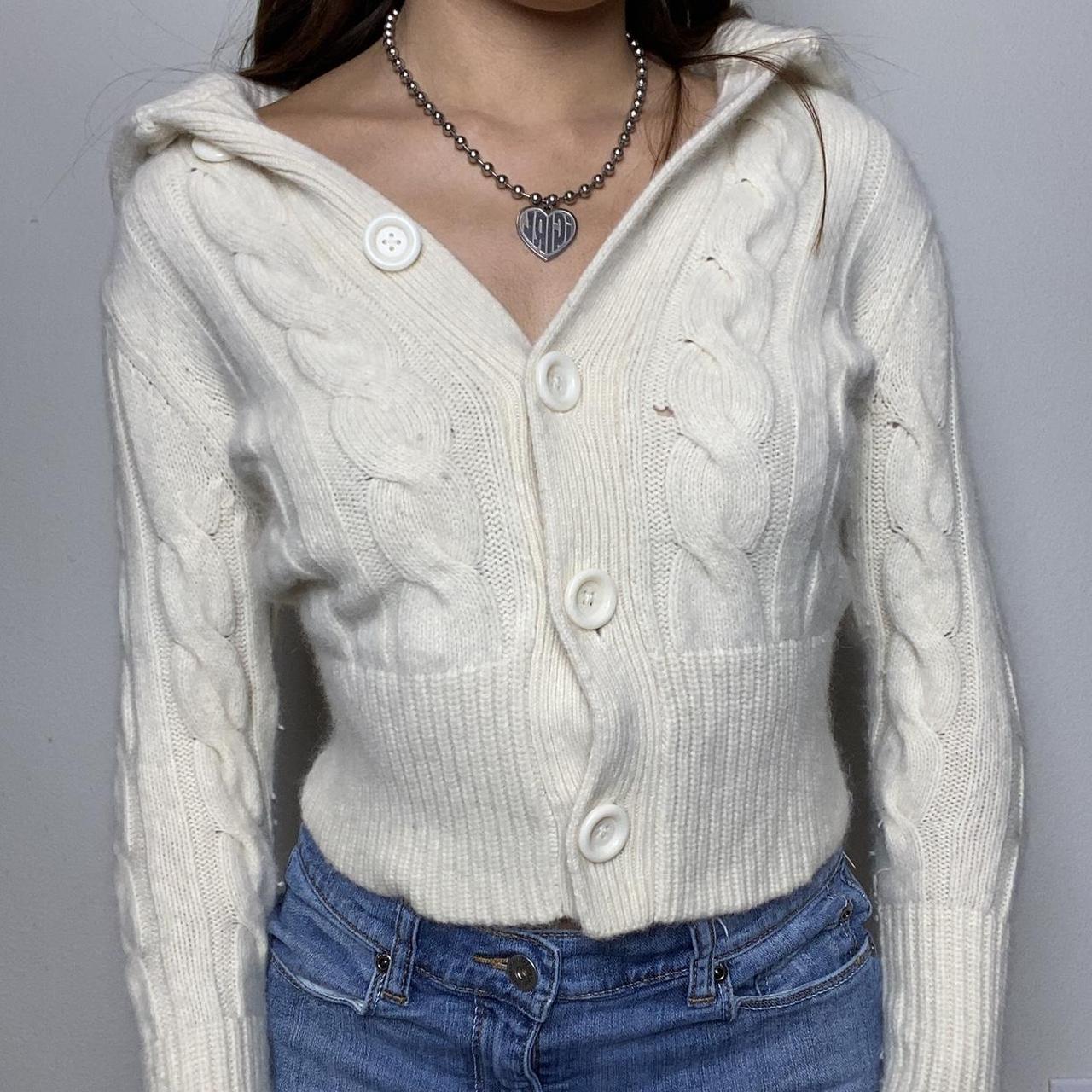 Cream cable knit cardigan has a hood and buttons... - Depop