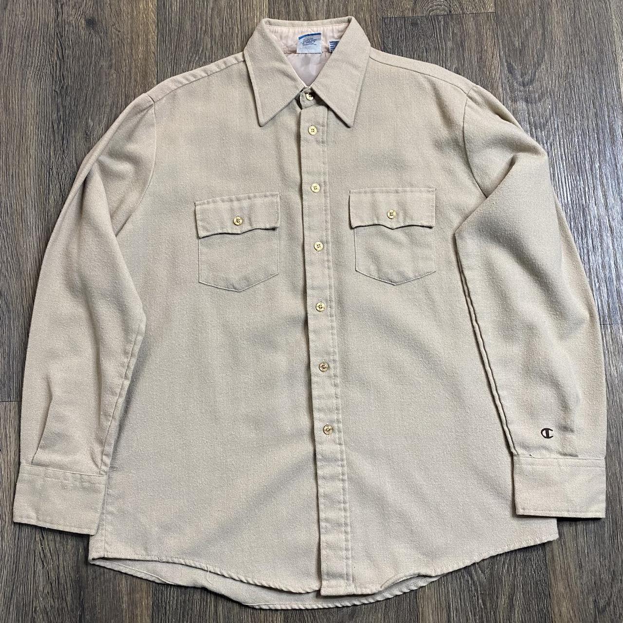 Vintage 70s Champion Tan Beige Long Sleeve Button Up... - Depop