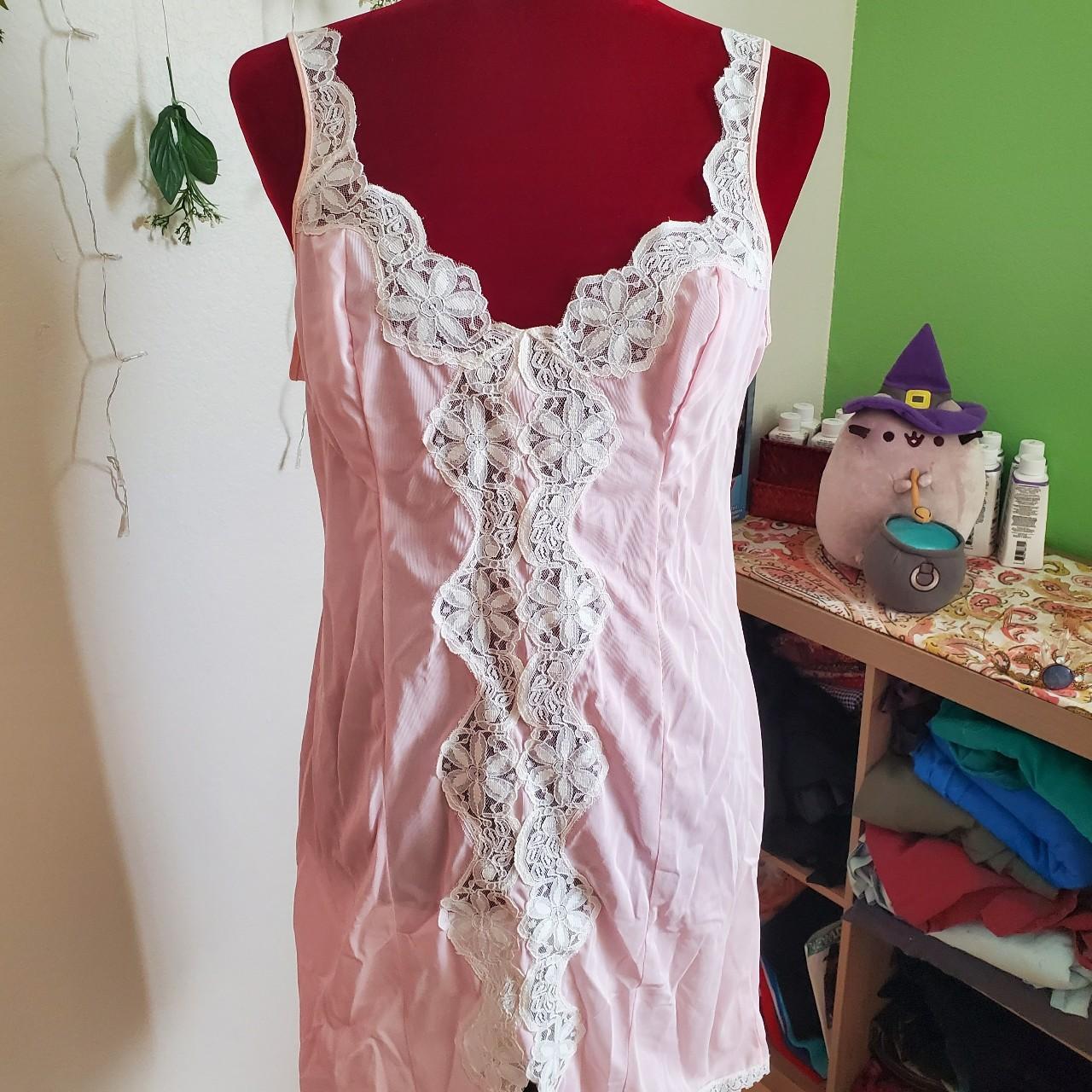 Pretty pink vintage full slip with lace floral... - Depop