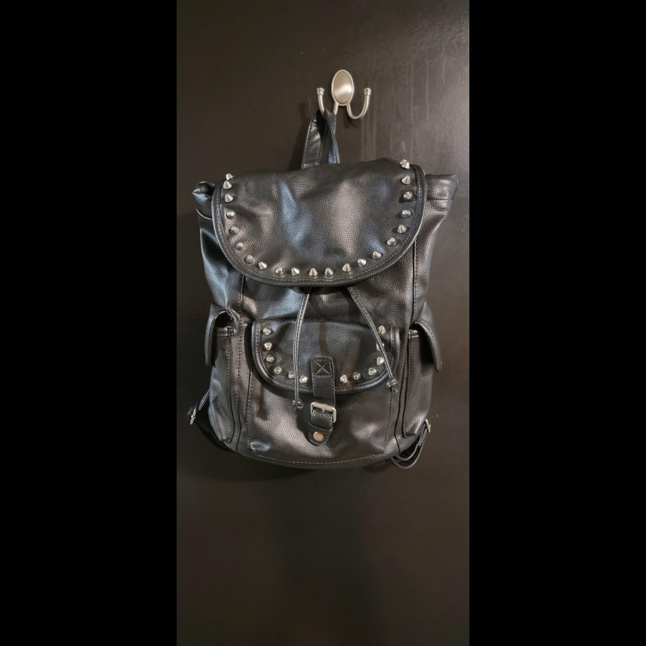 Black leather studded backpack with drawstring | Depop