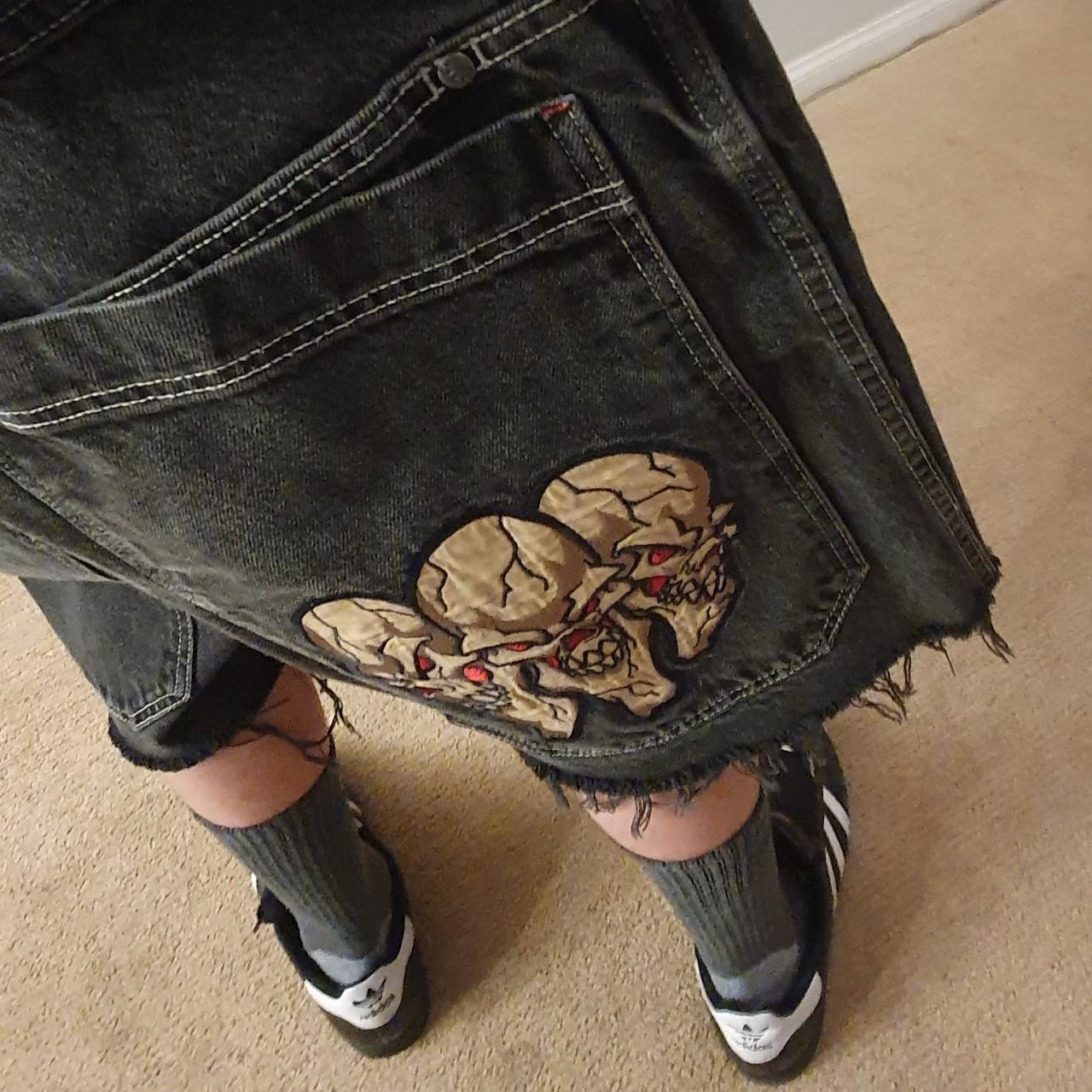 JNCO triple skull cut into Jorts, size 38 waist... - Depop