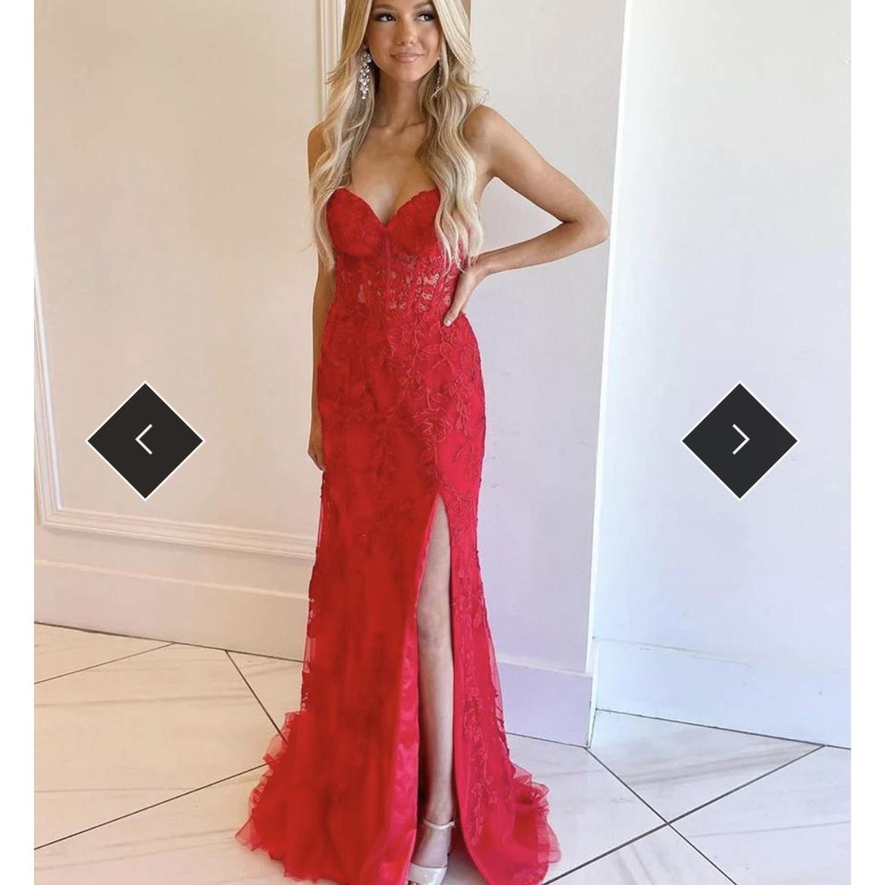 Red strapless prom dress! Size 2 worn once Sherri... - Depop