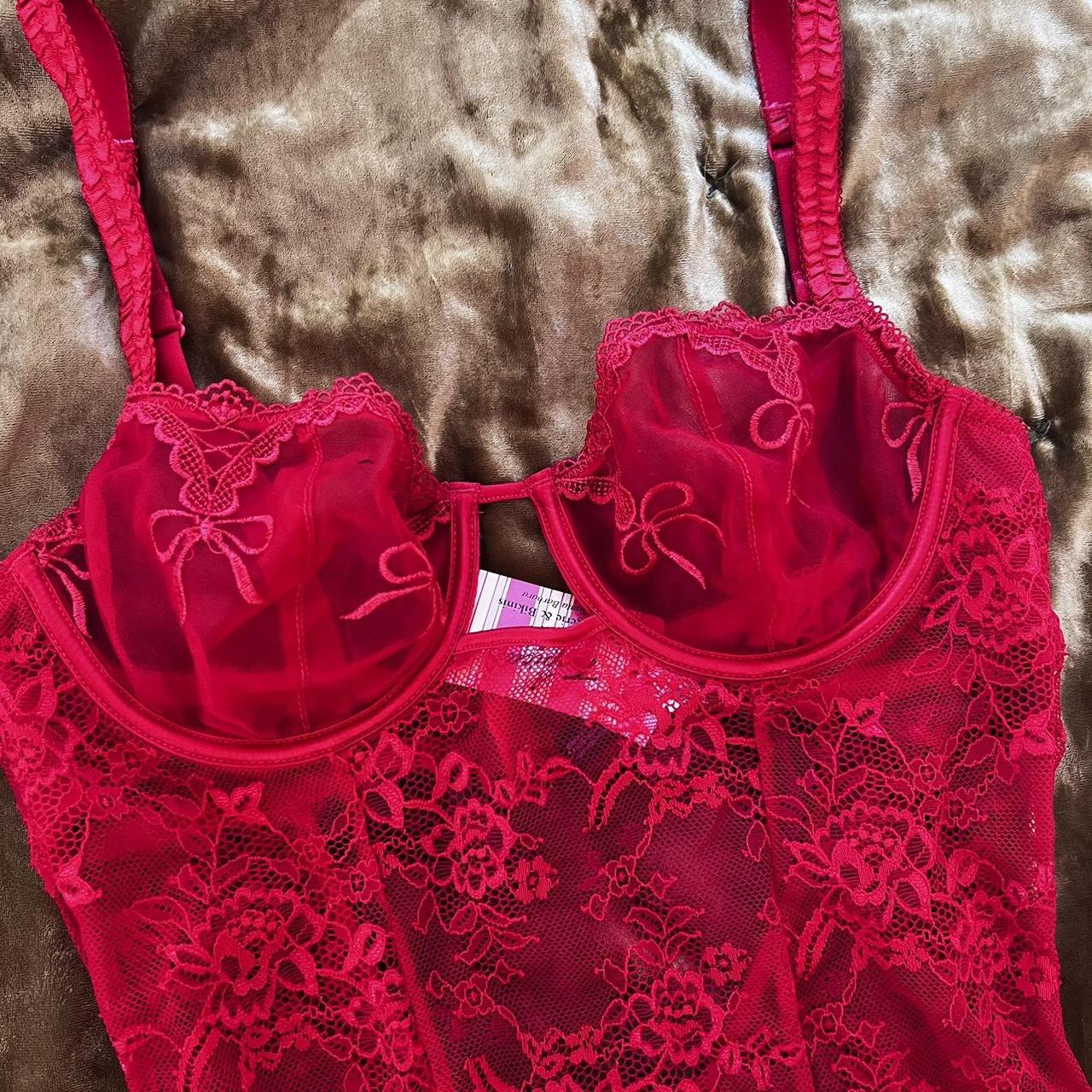 BNWT longline red lace basque with garter straps by... | Depop