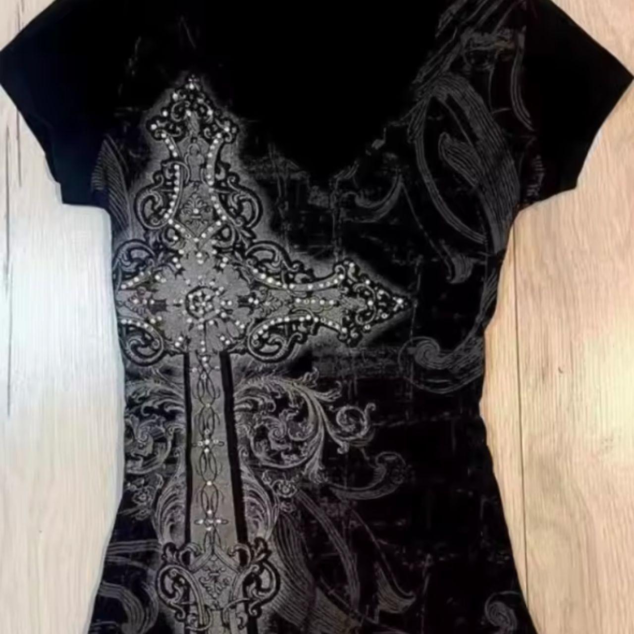 Y2K Gothic Cross Rhinestone Top Black Velour Fitted... | Depop