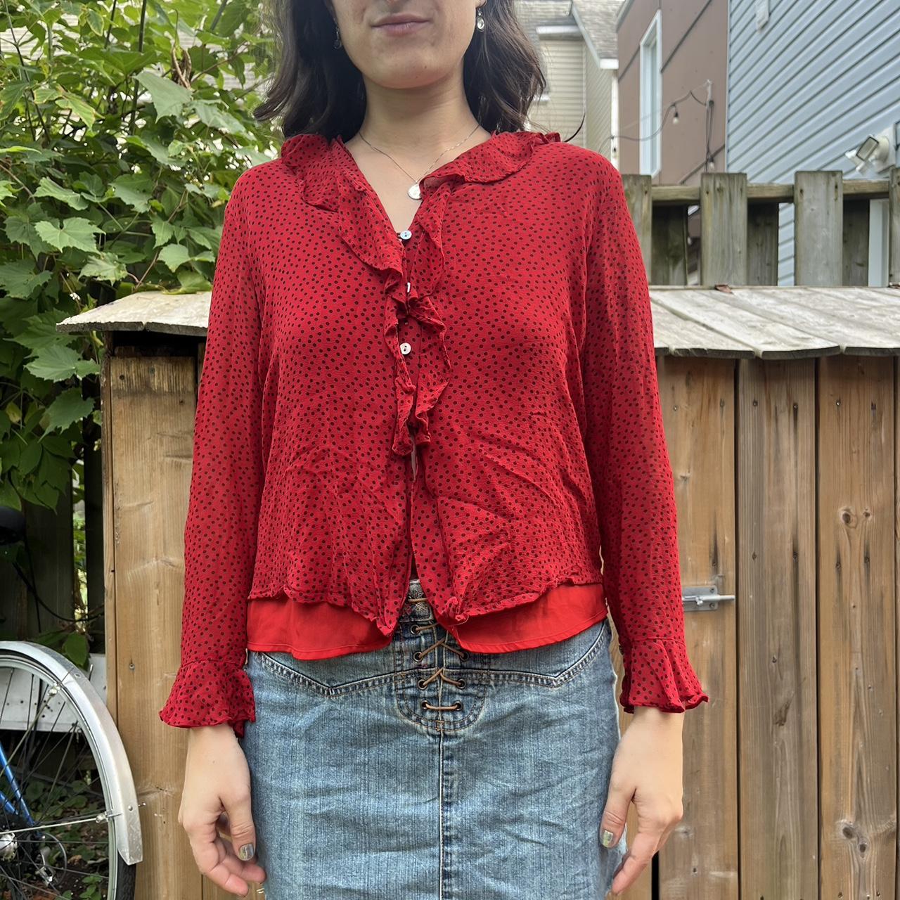 100% silk red and black polka dot blouse Rouje... - Depop