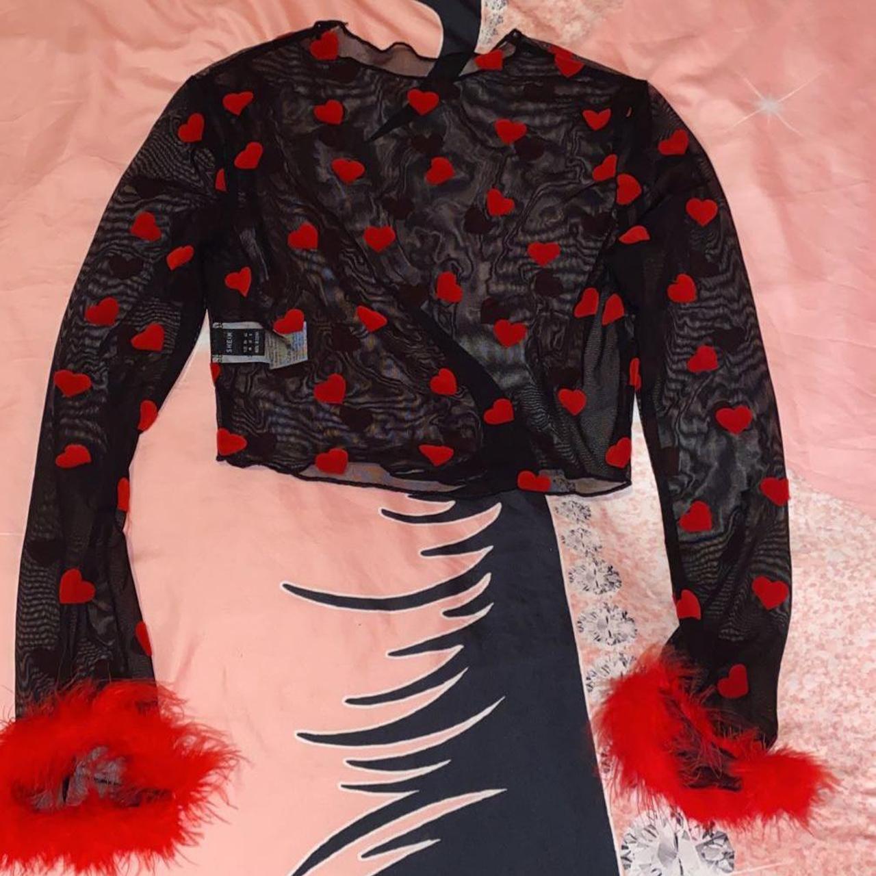 heart print fuzzy cuff mesh croptop 🖤 ️ Brand new.... - Depop