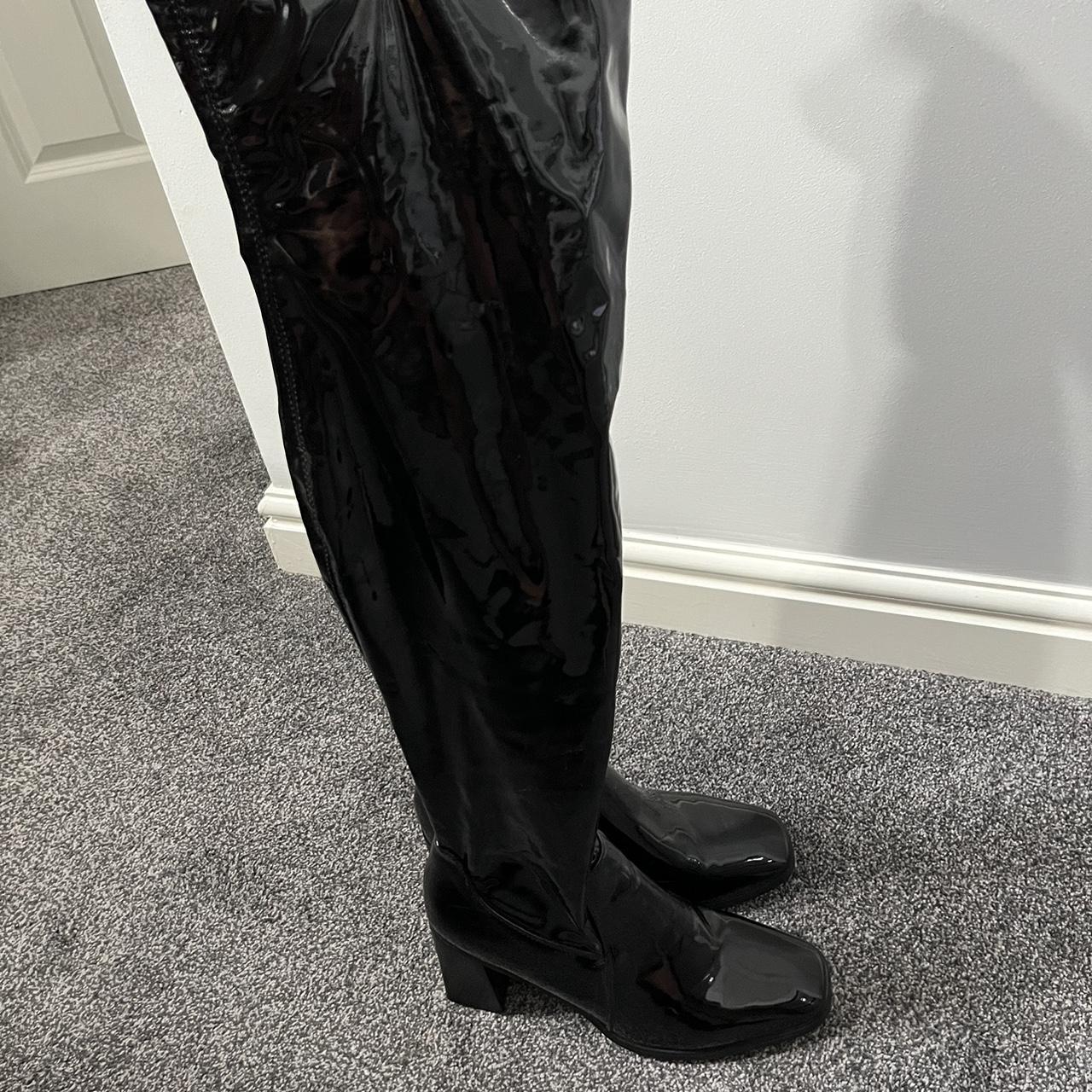 Thigh length pvc boots Square toe Approx 3 inch heel - Depop
