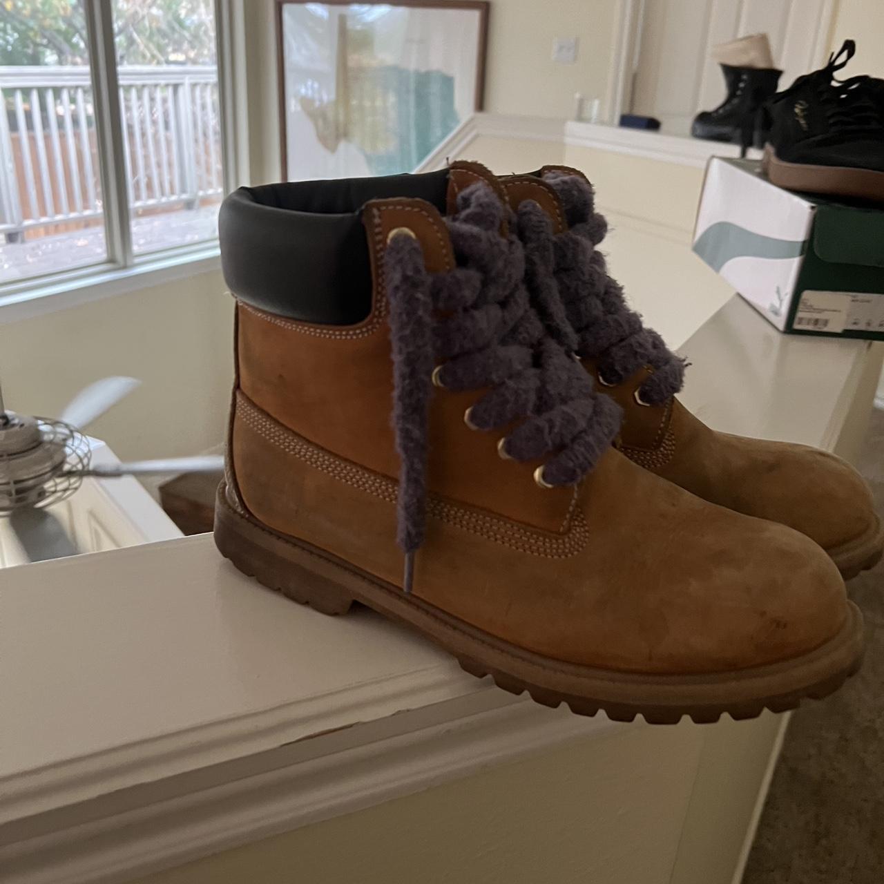 Size 44 timbs with purple chunky laces. Some heel... - Depop